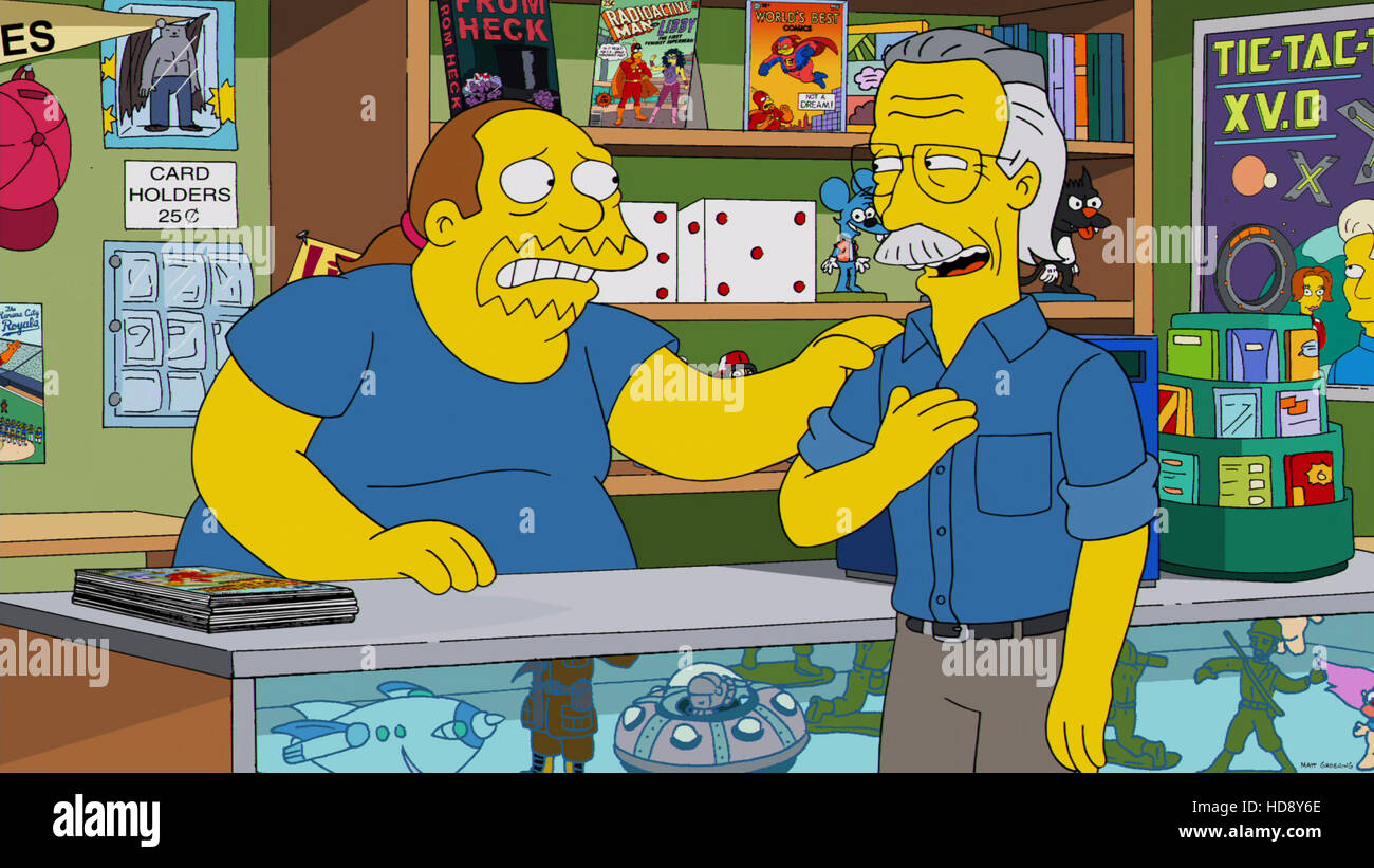 THE SIMPSONS from left Comic Book Guy Stan Lee guest voicing himself Married To The Blob Season 25 ep. 2510 aired Stock Photo Alamy
