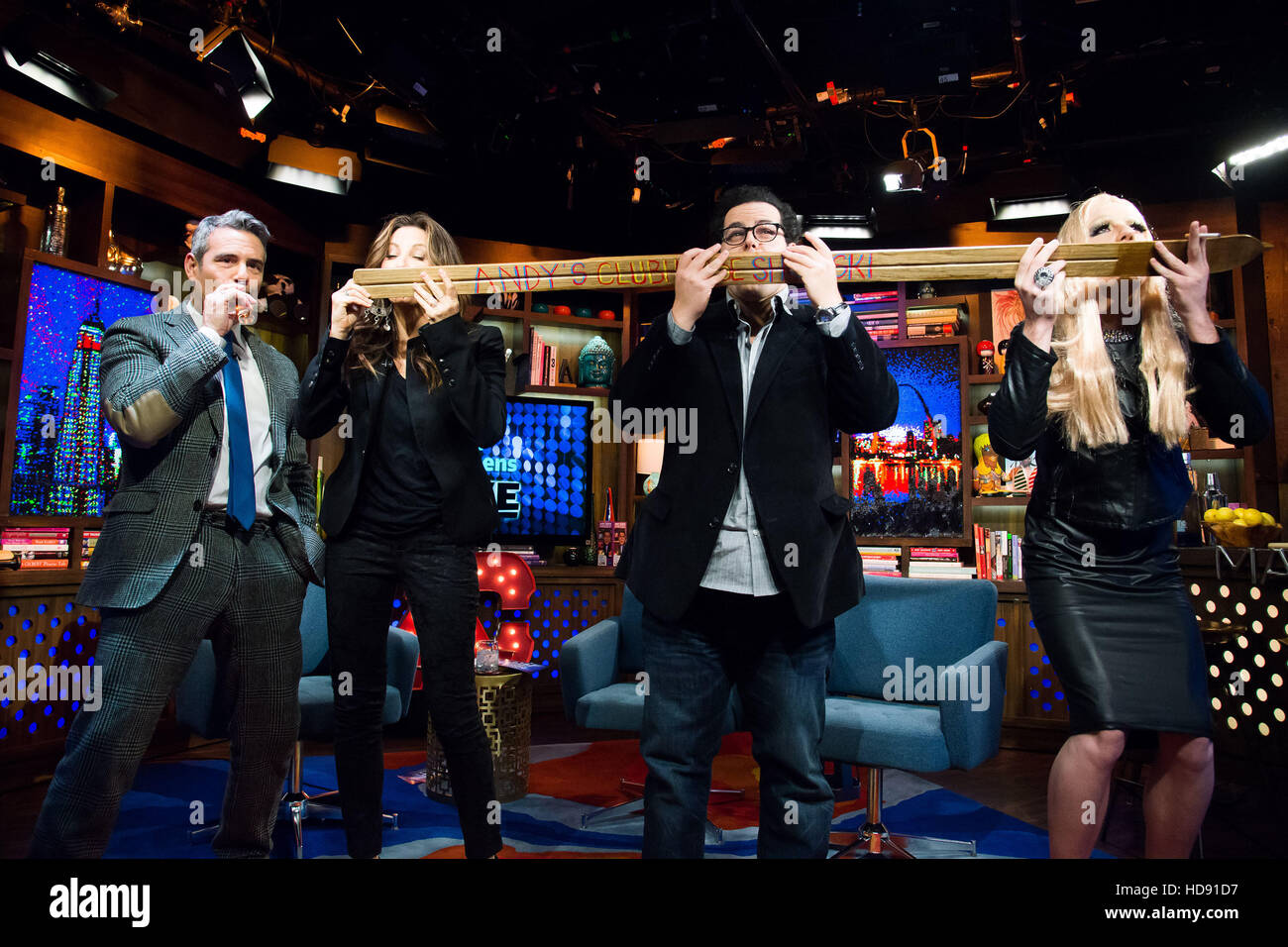 WATCH WHAT HAPPENS LIVE, (from left): host Andy Cohen, Gina Gershon, Josh Gad, Elayne Duff ...