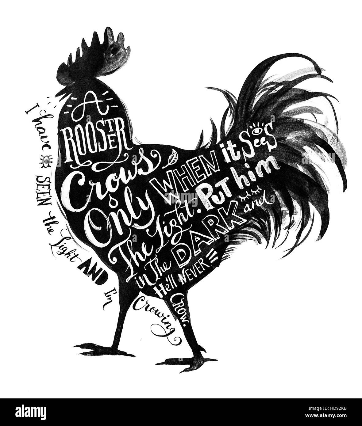 Rooster. Lettering composition within the textured ink silhouette ...