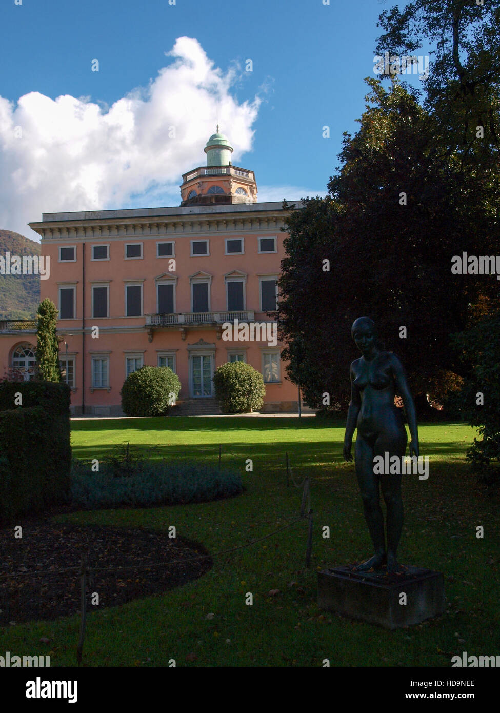 Lugano, Switzerland - Oktober 16, 2015: Villa Ciani and statue in the ...