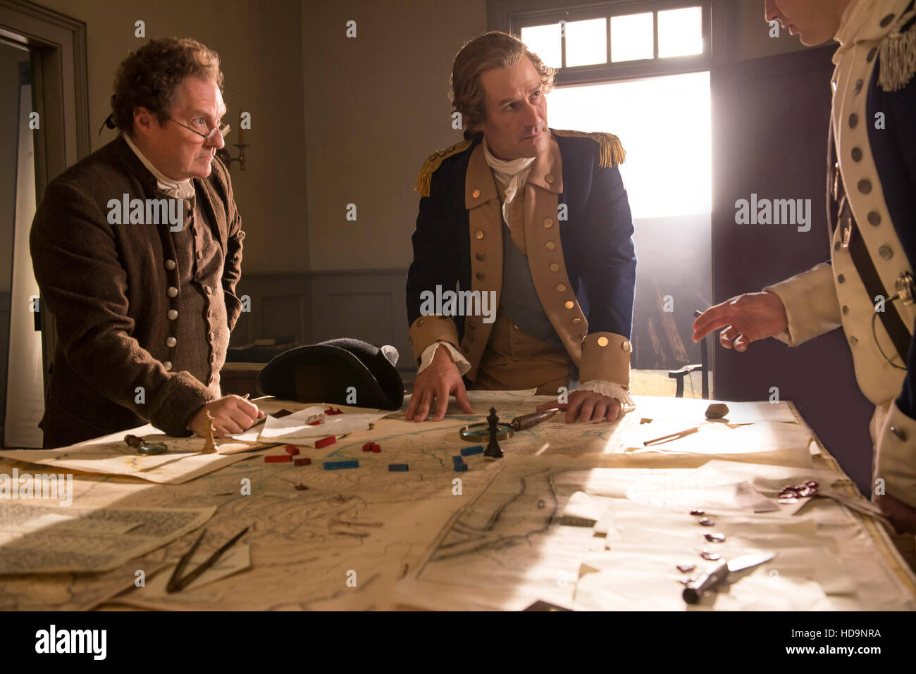 TURN, l-r: Stephen Root, Ian Kahn (as George Washington), Seth Numrich ...