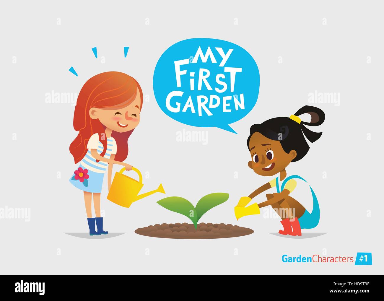My first garden concept. Cute kids care for plants in the backyard ...