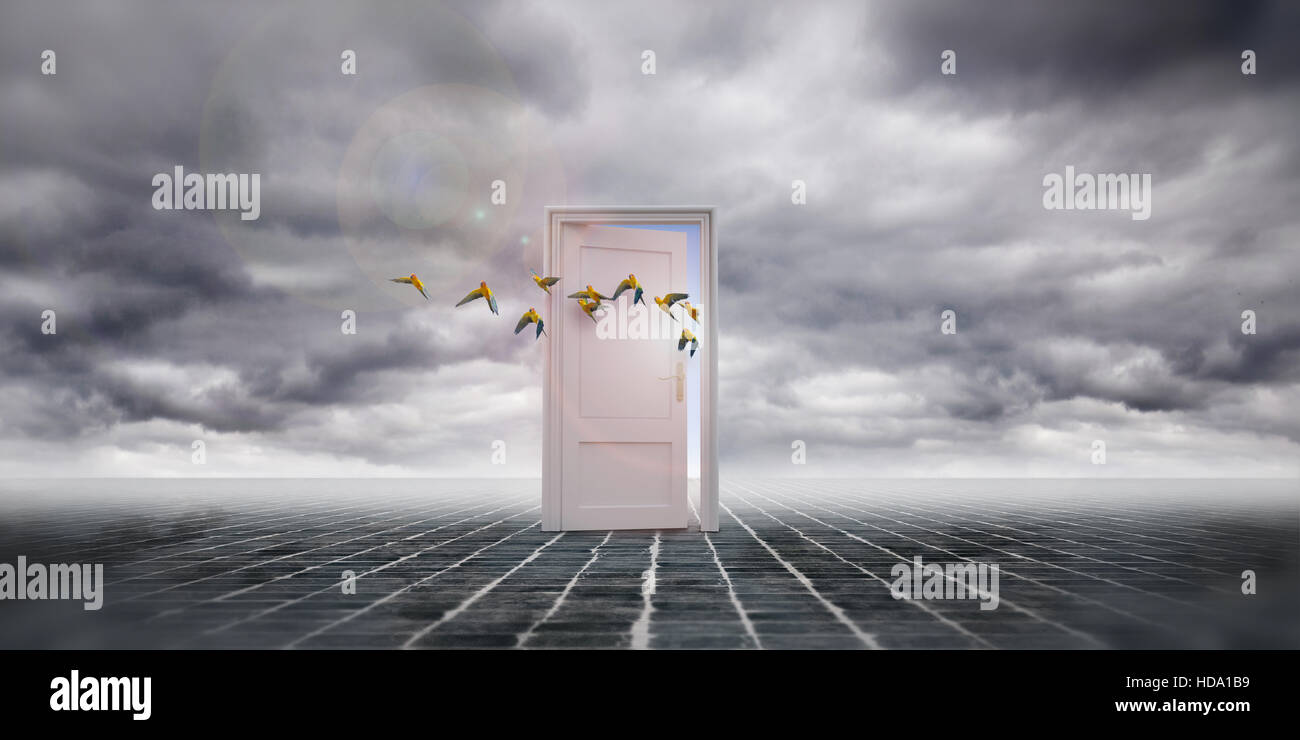 3d rendering of small flock of birds flying out of opened door in ...