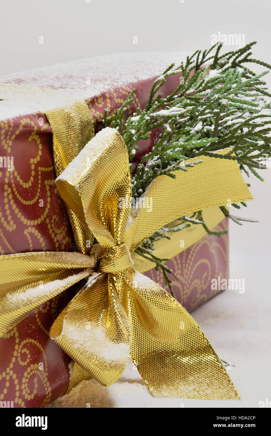 Snowy winter gift box with Golden bow and pine branch Stock Photo - Alamy