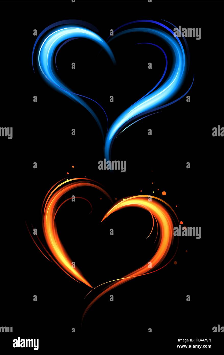 the hearts drawn with red and blue fire against a dark background Stock ...
