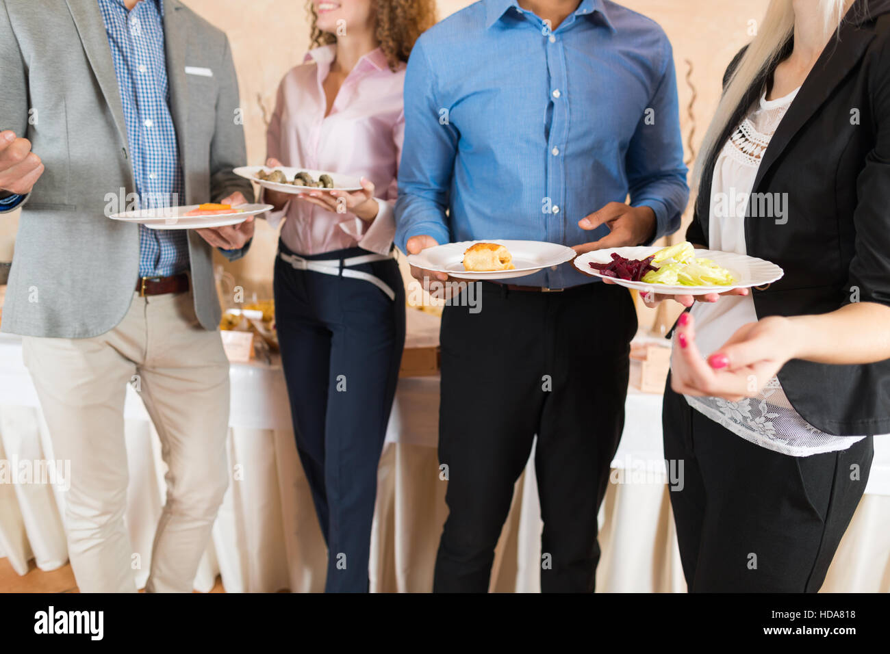 Businesspeople Group Hold Plate Catering Buffet Food Restaurant ...