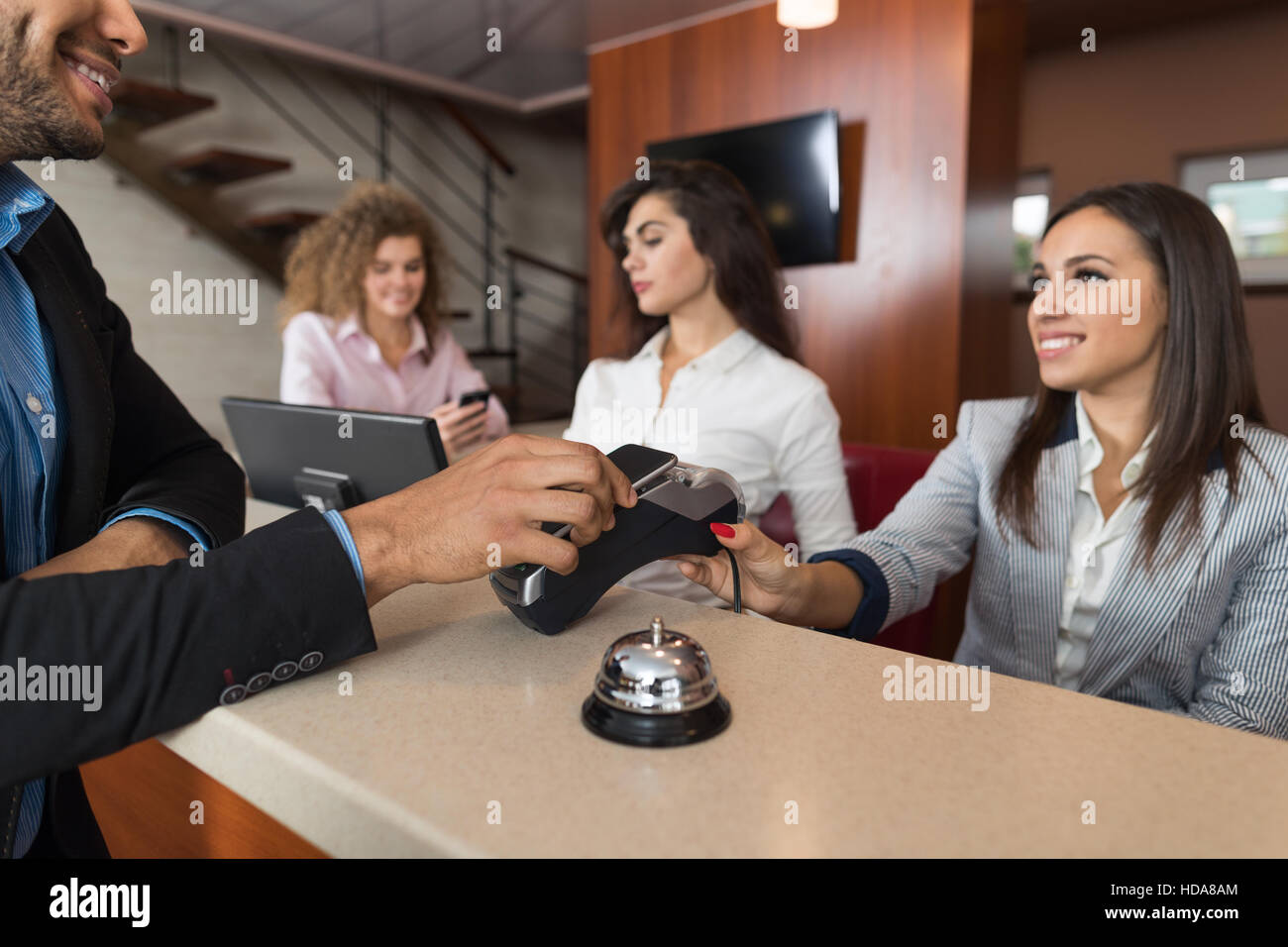 Business Man Arrive To Hotel Check In With Cell Phone Woman ...