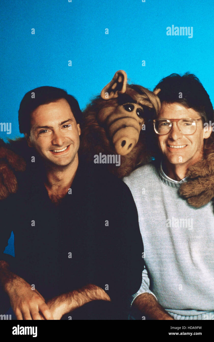 ALF, from left: producer Paul Fusco, Alf, producer Tom Patchett, 1986 ...