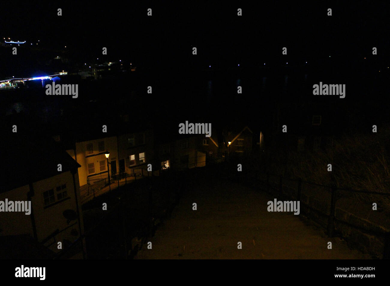 Whitby street lights and the 99 steps lit up at night Stock Photo - Alamy