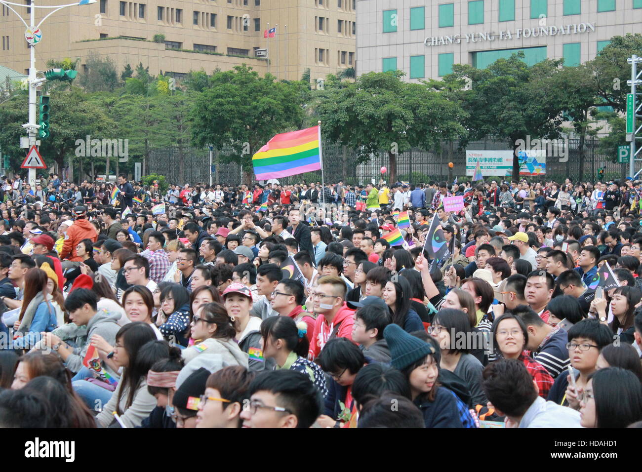Taipei, Taiwan. 10th December, 2016. The rainbow flag waving above ...