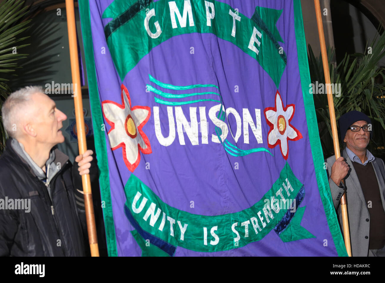 Manchester, UK. 10th Dec, 2016. The UNISON Banner is held up during an ...