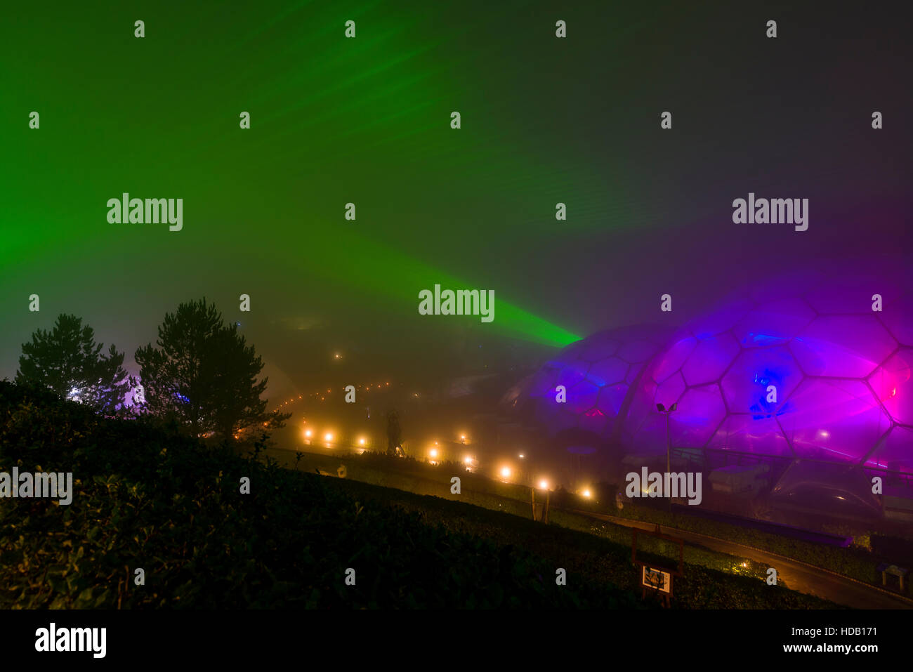 Eden Project Light and Sound show in the Fog. Editorial use only. Late ...