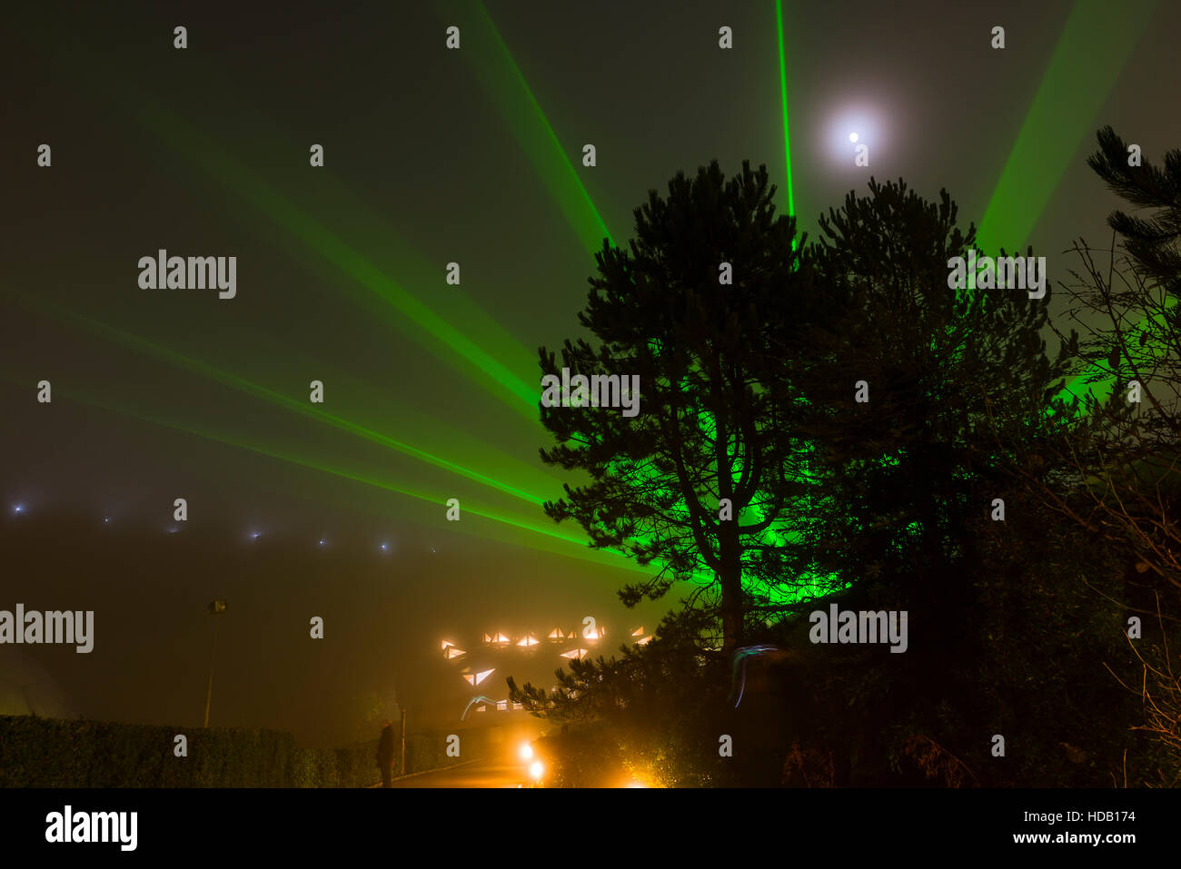 Eden Project Light and Sound show in the Fog. Editorial use only. Late ...
