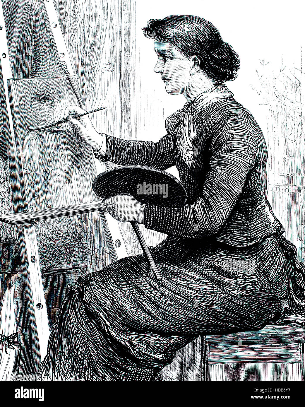 female artist painting at easel, illustration, from 1884 Chatterbox ...