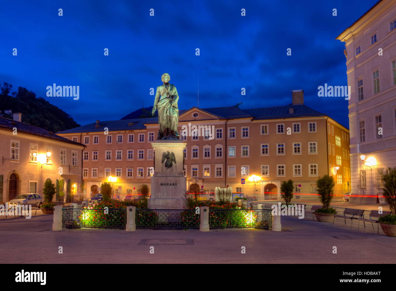 Mozart statue on Mozart Square, Mozartplatz, in Salzburg by night ...