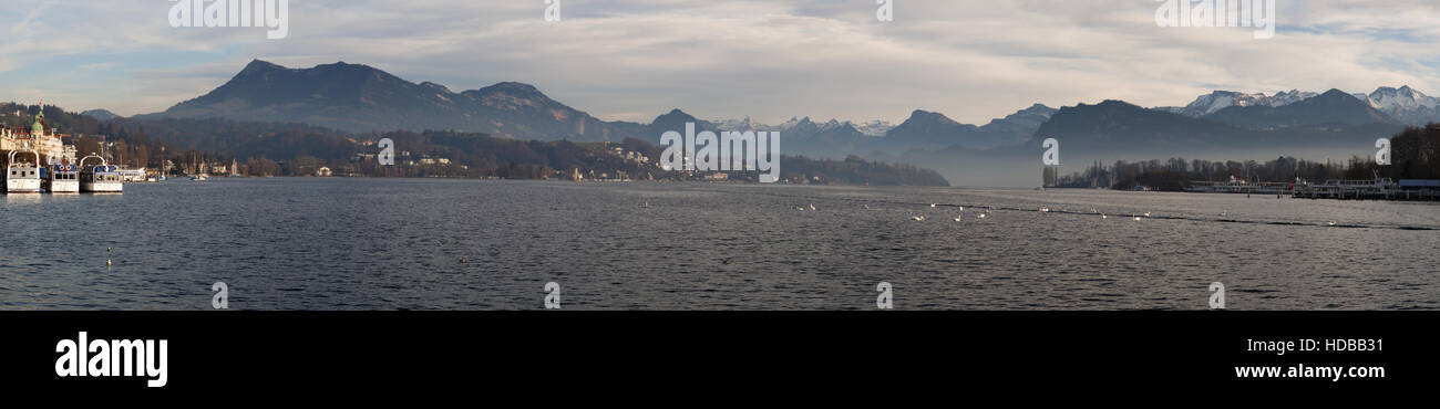 Switzerland, Europe: skyline and panoramic view of the Swiss Alps and the Lake Lucerne in the ...
