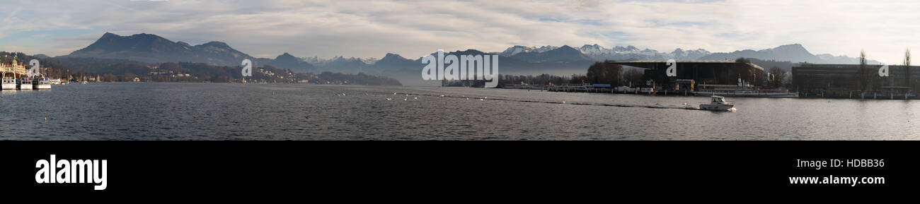 Switzerland, Europe: skyline and panoramic view of the Swiss Alps and the Lake Lucerne in the ...