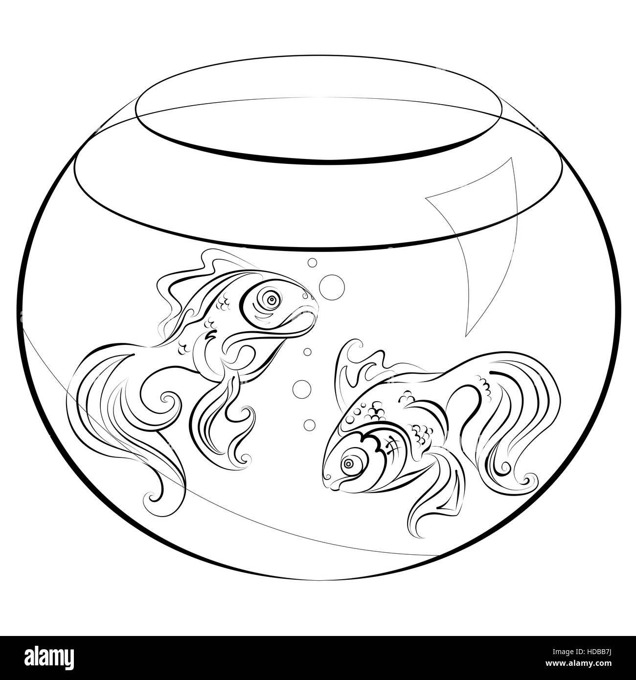 Illustration no fill color - two stylized goldfish in an aquarium Stock ...