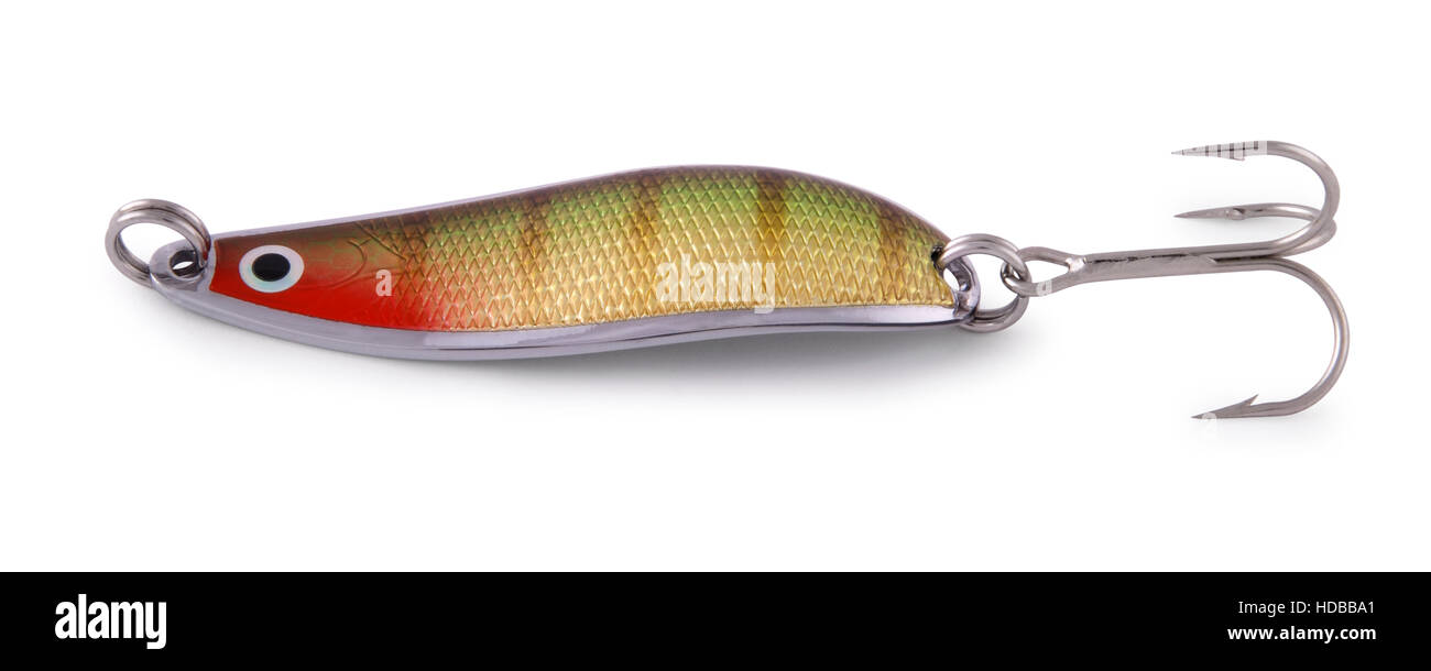 Gold fishing spoon on white, clipping path included Stock Photo - Alamy