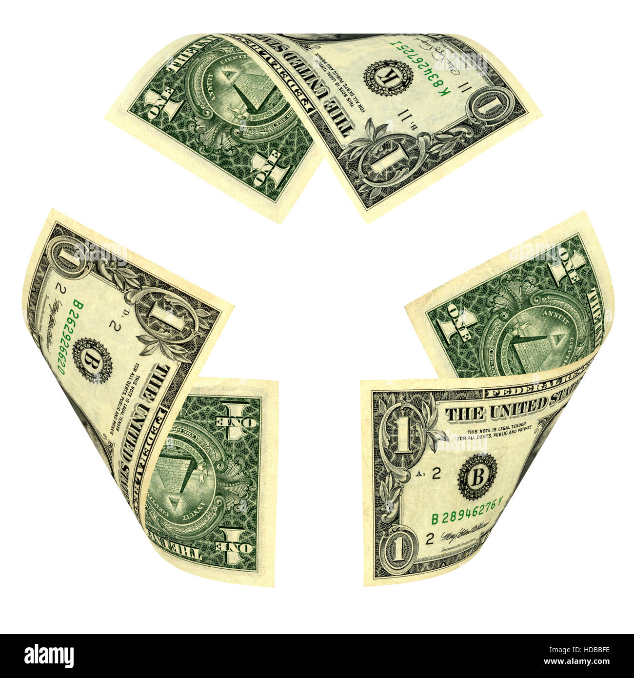 Dollar Bill Recycle Sign isolated on white. All banknotes are different ...