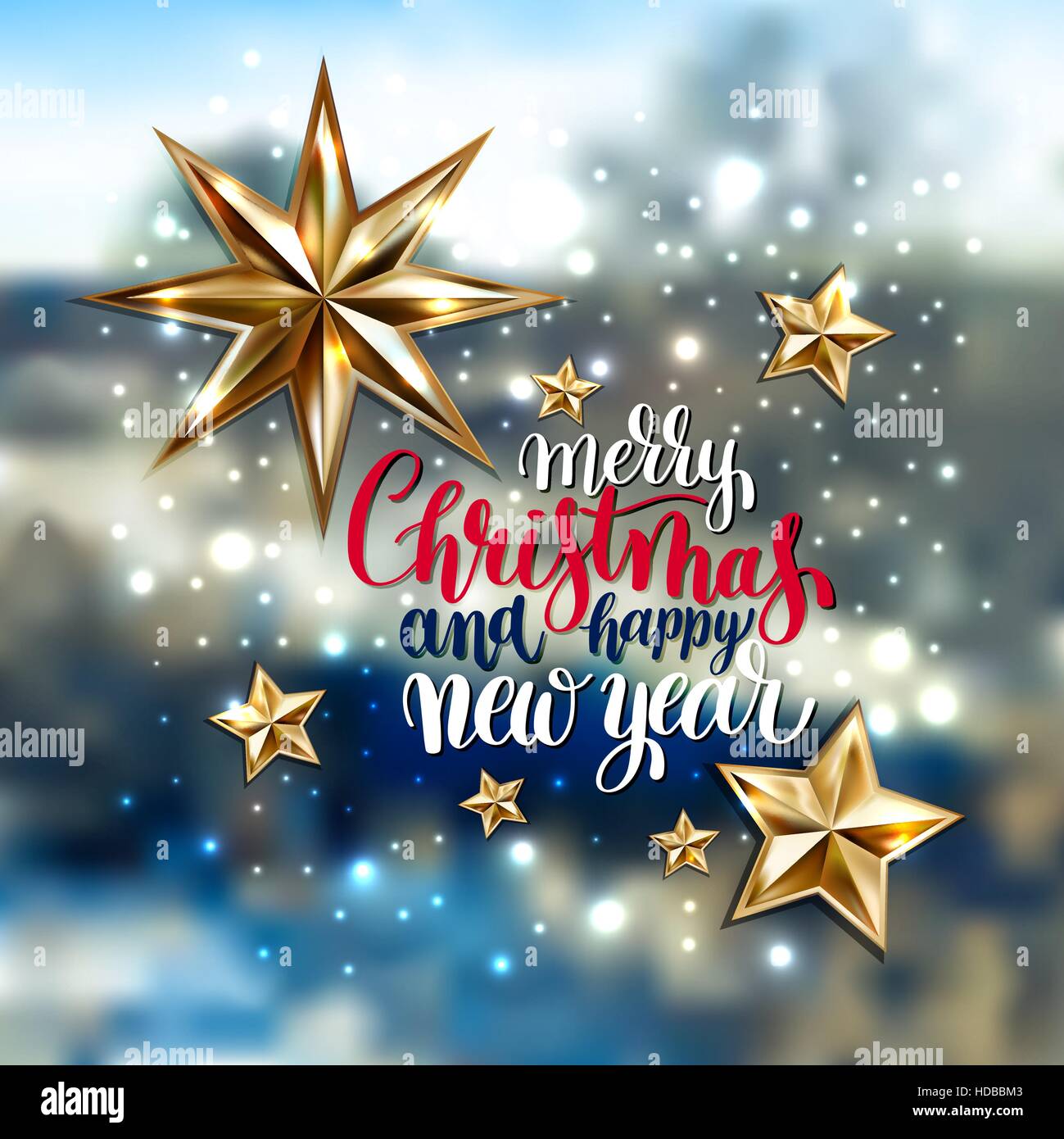 winter design with holiday lights and handwritten lettering merr Stock ...