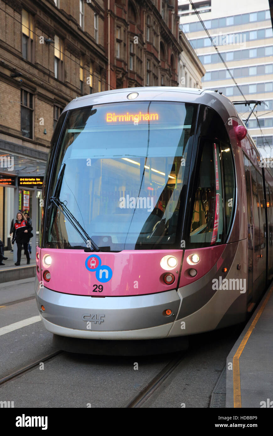 Tram in Birmingham, outside Grand Central station, in the West Midlands ...