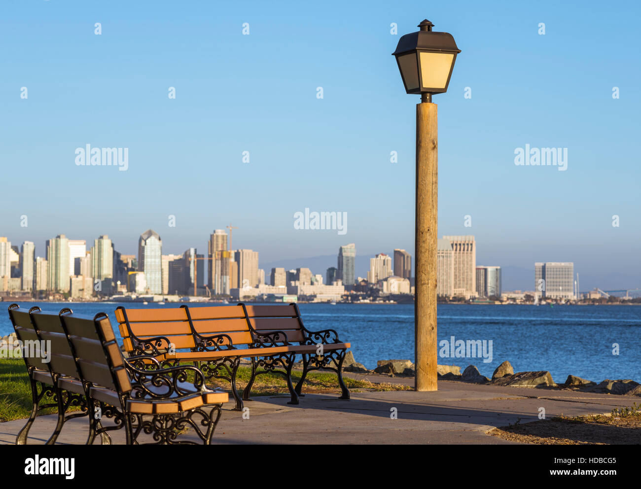 Public benches at Harbor Island. San Diego Harbor and skyline in the ...