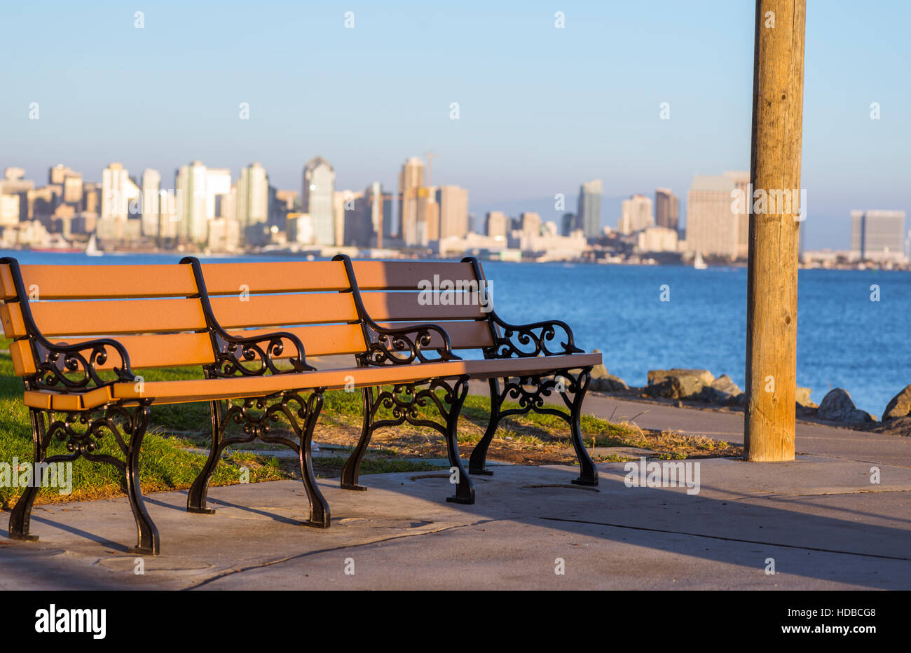 Public benches at Harbor Island. San Diego Harbor and skyline in the ...