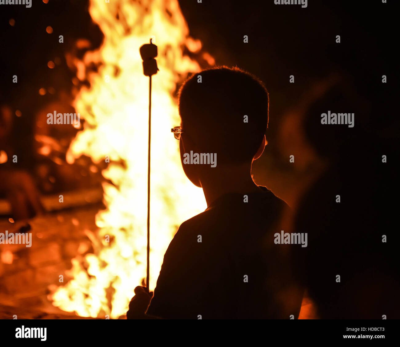 A silhouetted boy gets ready to eat S'mores at a beach bonfire ...
