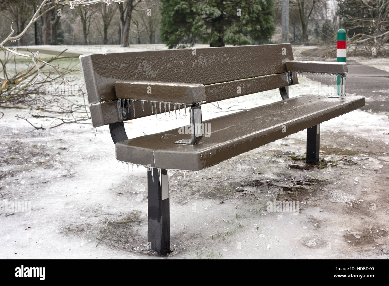 frozen bench and icy landscape in a public park Oregon state Stock ...