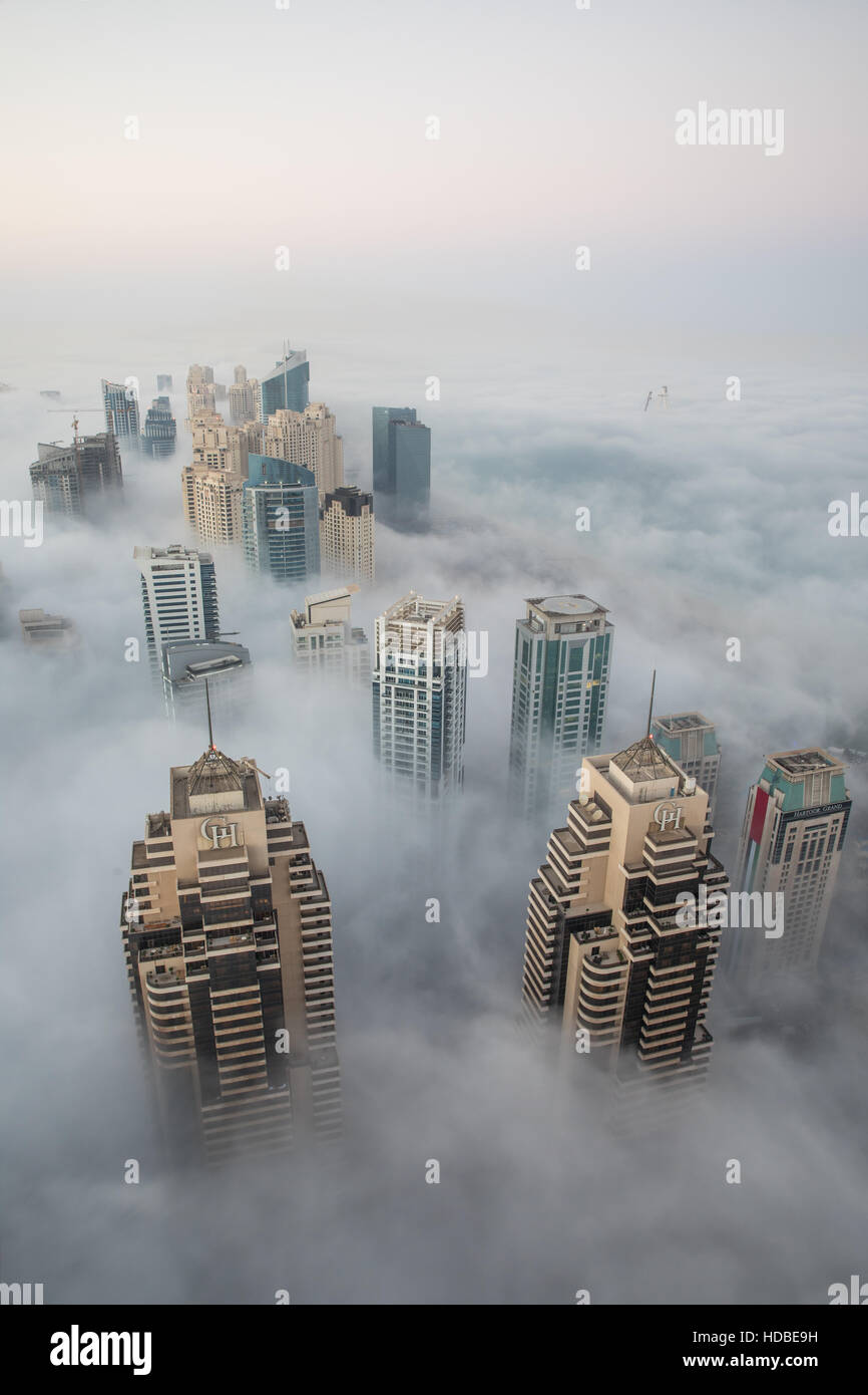Rare winter morning fog blanketing Dubai skyscrapers. Dubai, UAE Stock ...