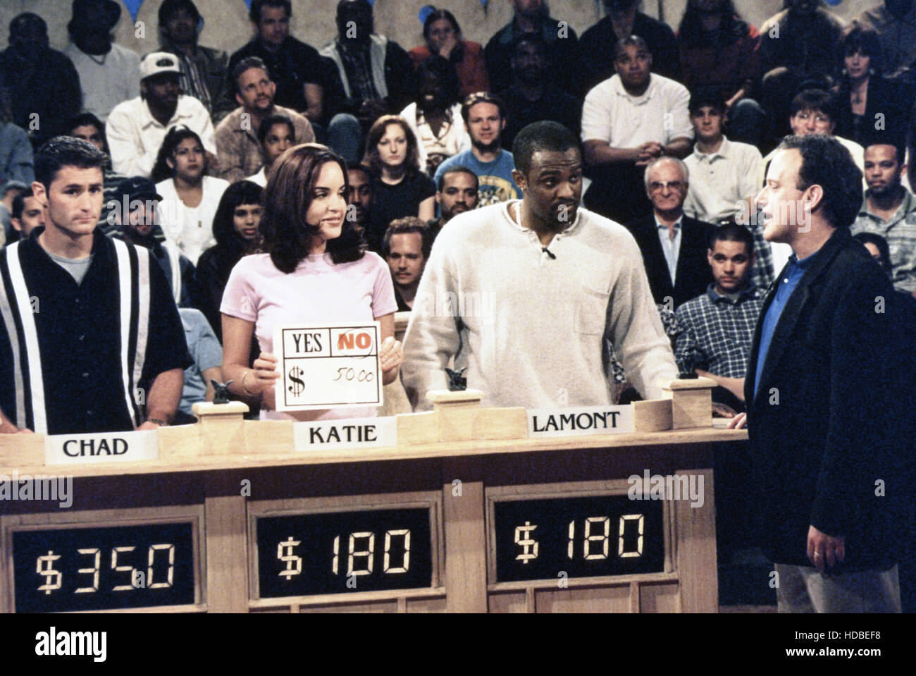 MAKE ME LAUGH, contestants with host Ken Ober (right), 1997-98. photo ...