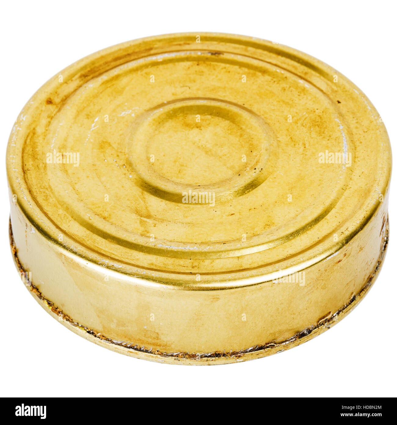 Grungy golden round metal tin can isolated on white Stock Photo - Alamy