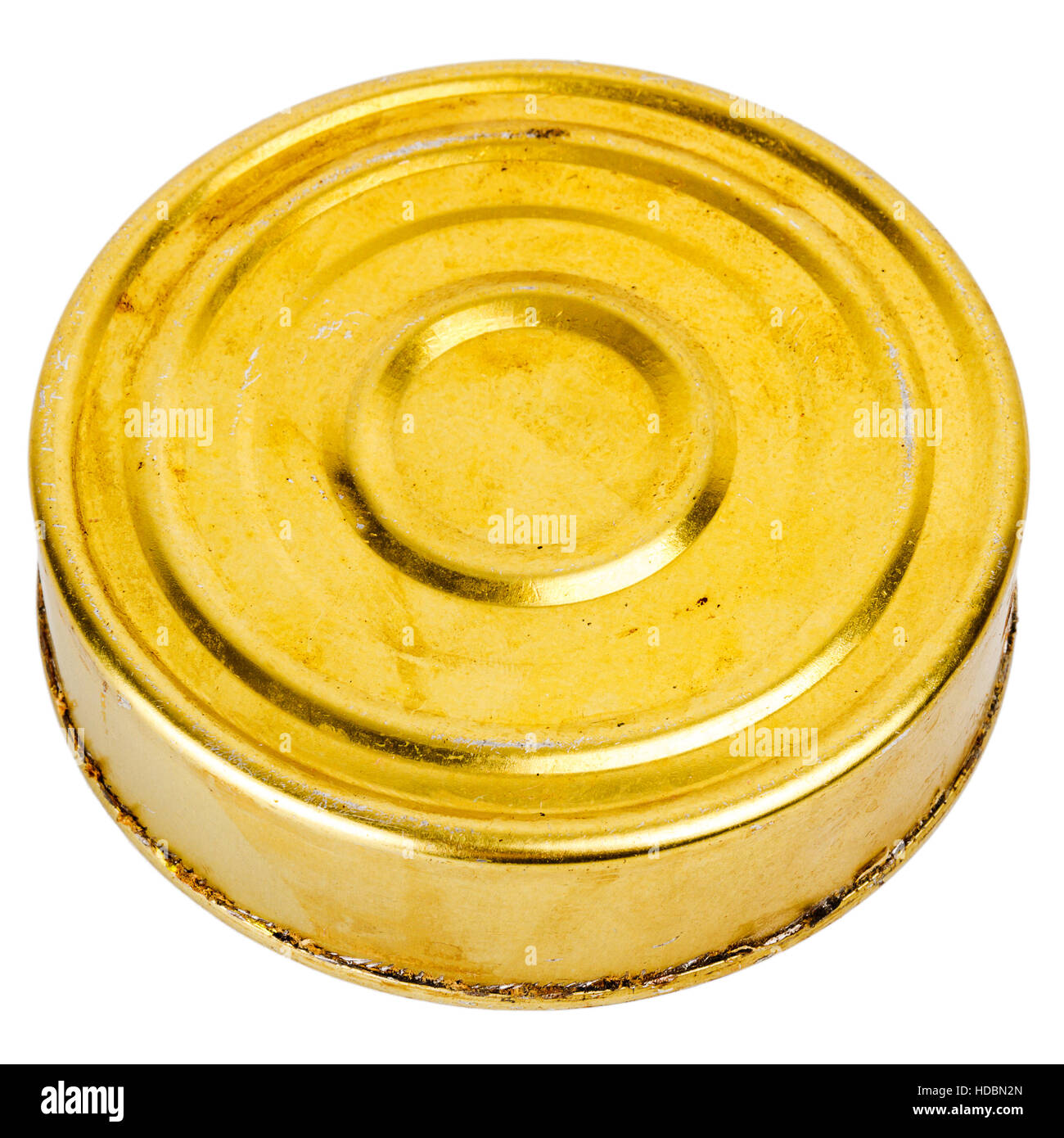 Grungy golden round metal tin can isolated on white Stock Photo - Alamy