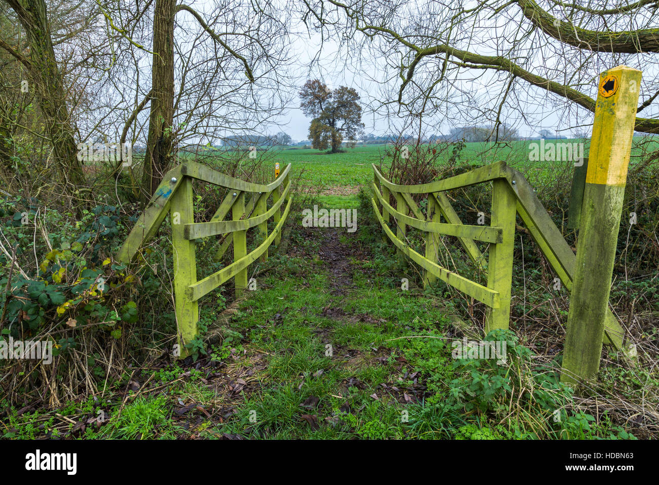 A picture of a yellow waymarker or signpost in front of an old wooden ...