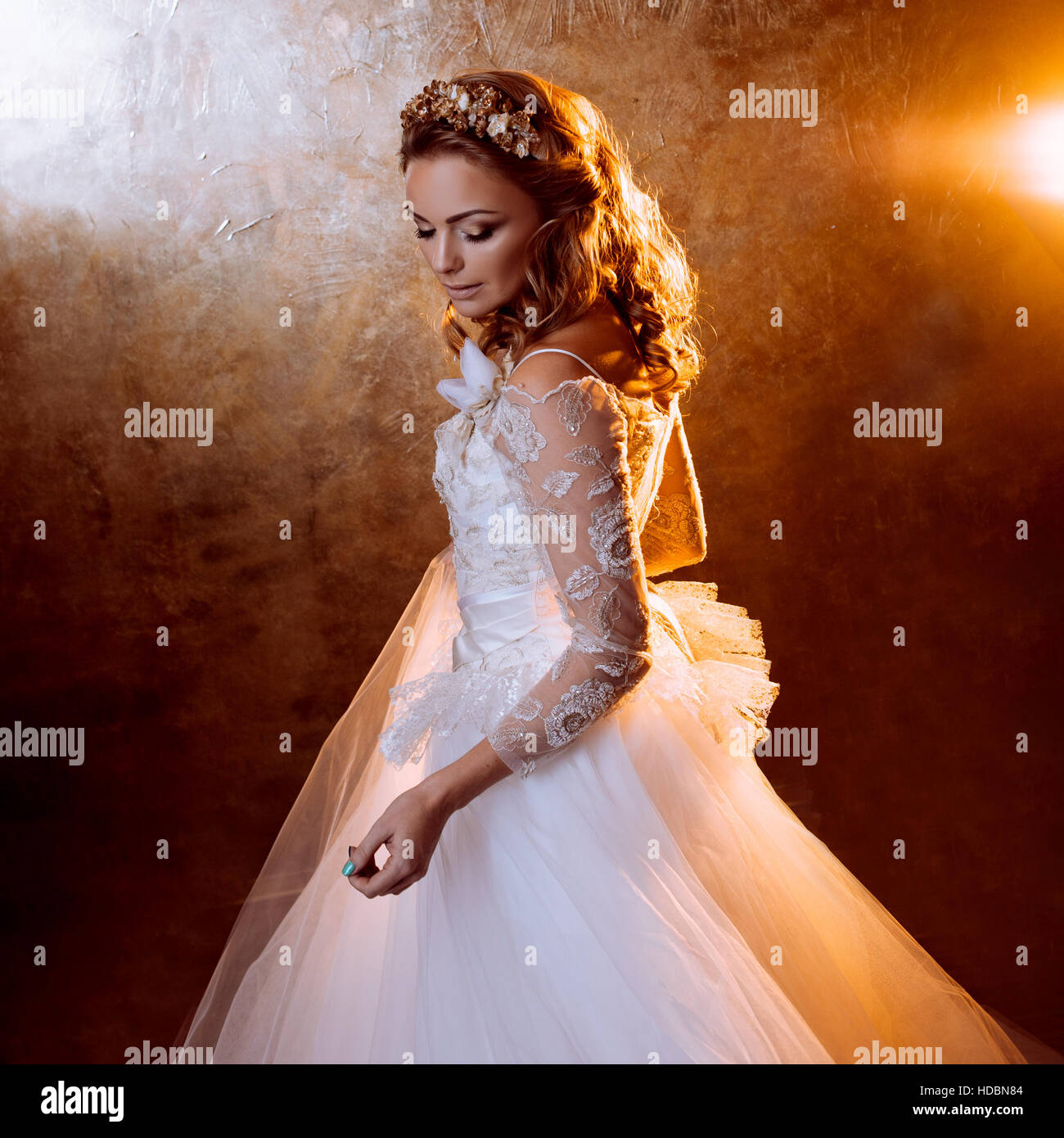 Beautiful girl bride in luxurious wedding dress, portrait in Golden ...