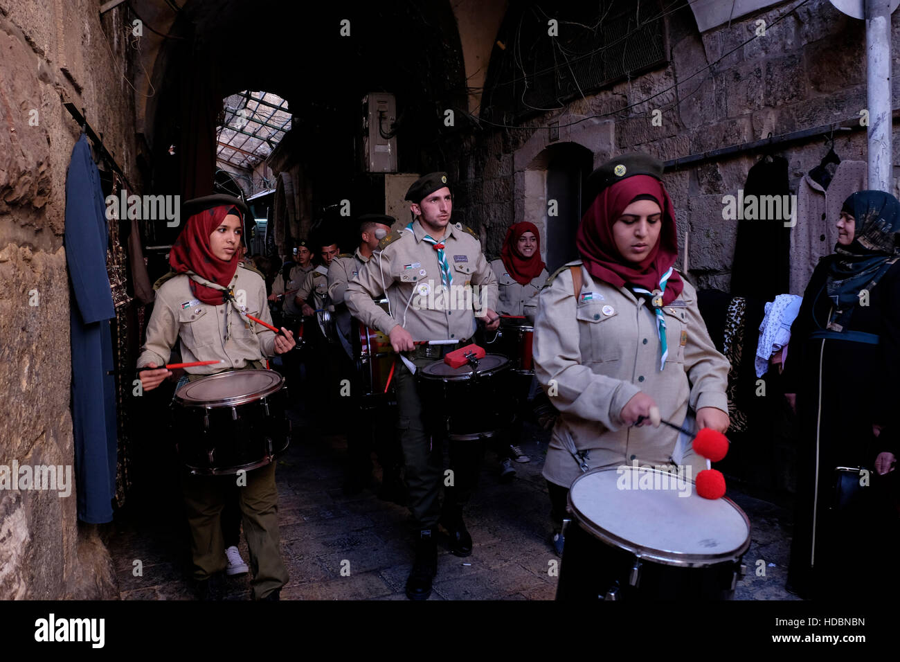 Palestinian Orthodox Scout band march through the Muslim Quarter in the ...