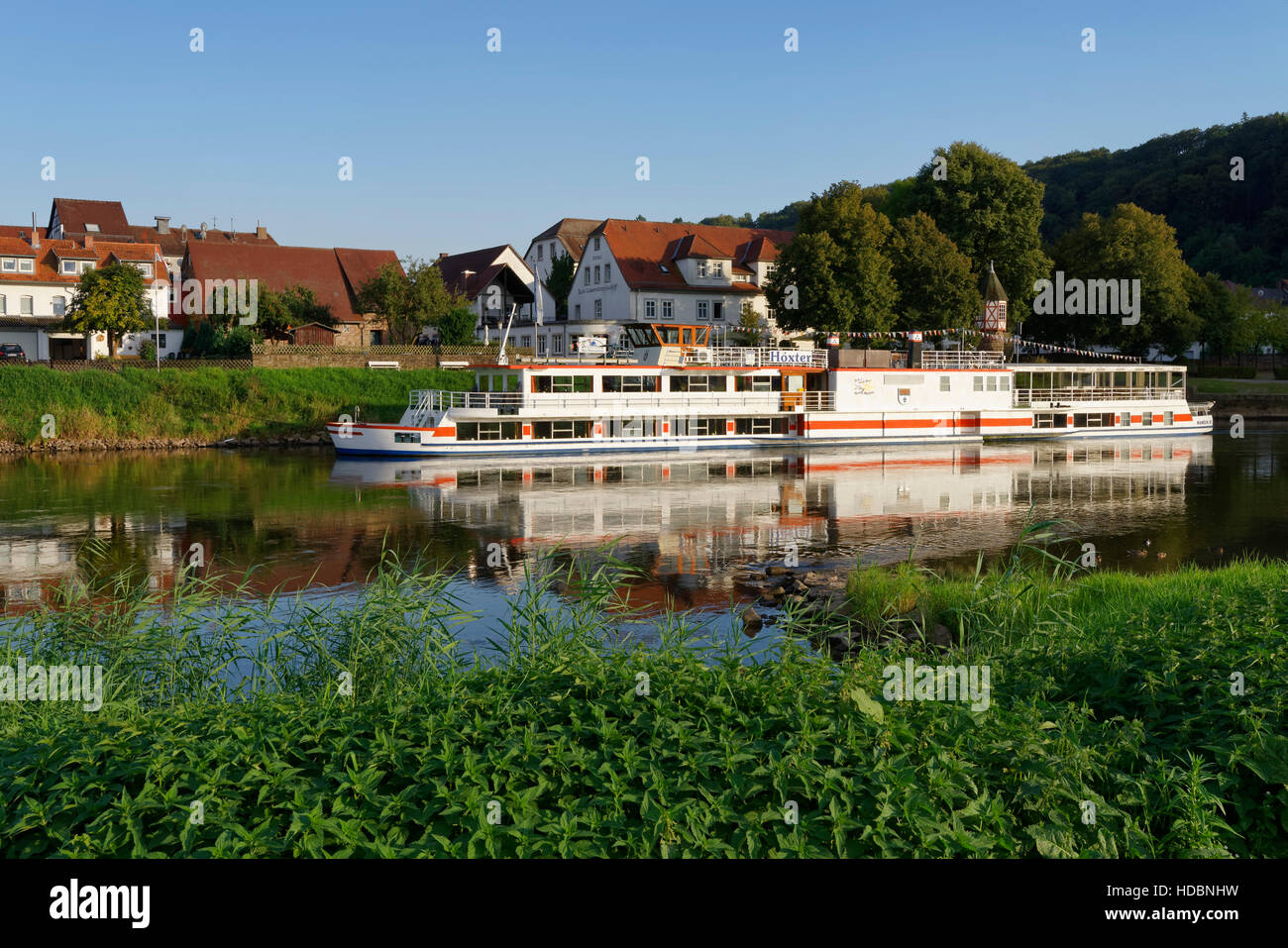 Passenger ship "Höxter" on river Weser in Bad Karlshafen, Weser Uplands ...
