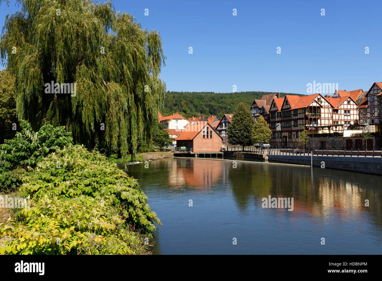 Half-timbered houses of old town at the river Fulda in Hann. Münden ...