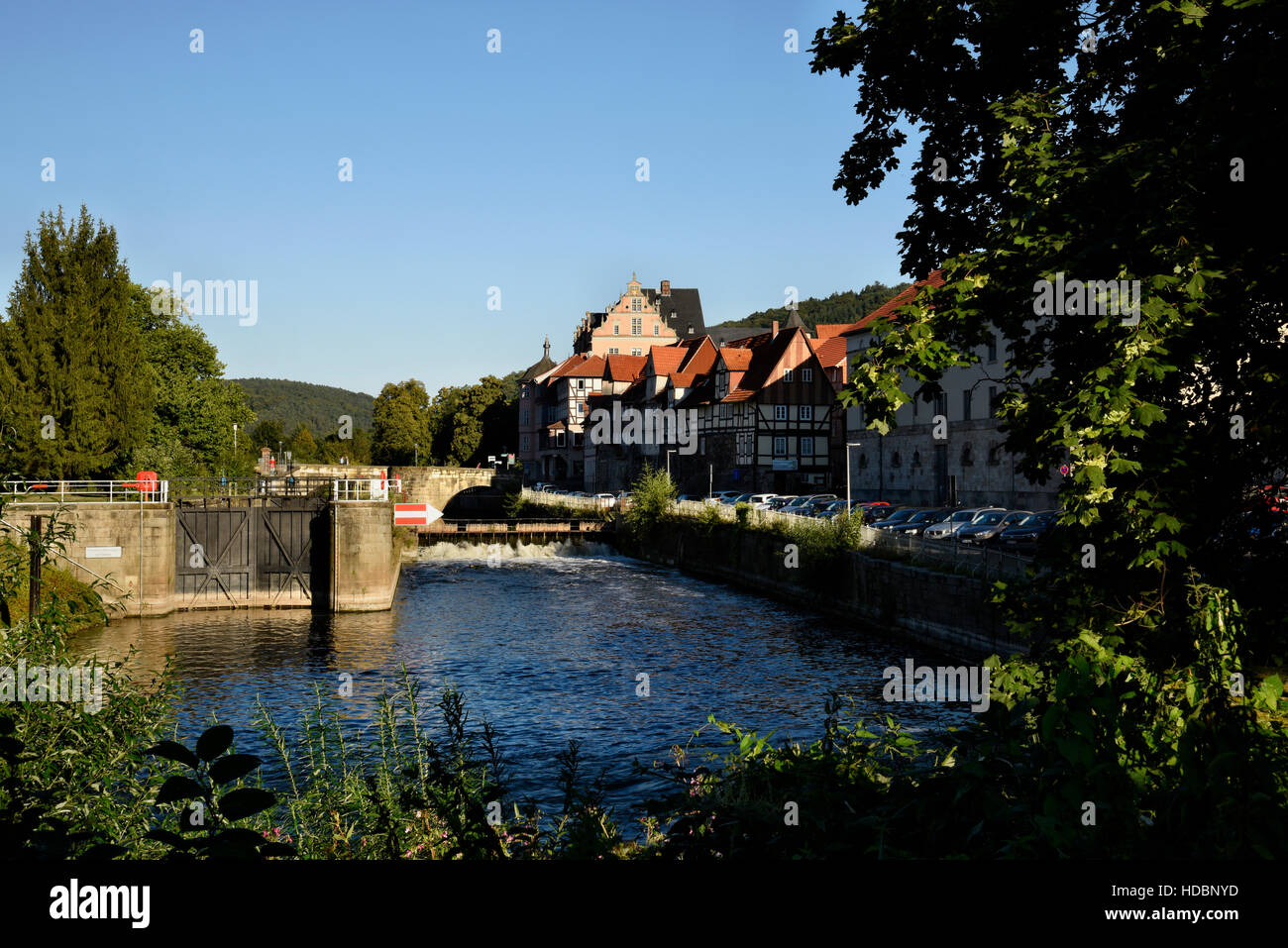 Hann. Münden: old town at the river Werra, the Welfenschloss in the ...