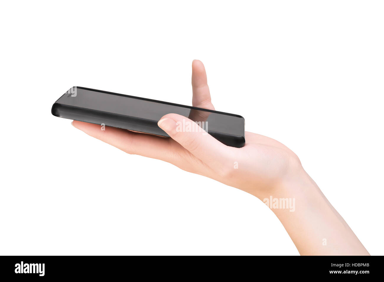 Woman hand holding smartphone. Side view isolated on white, clipping ...