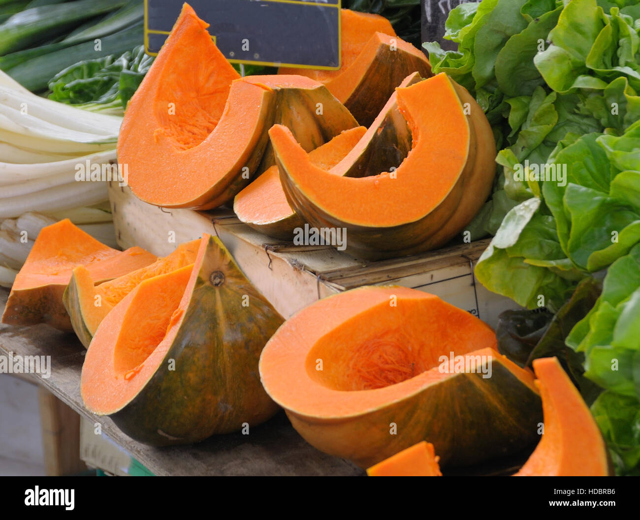 Pieces of fresh sliced pumpkin displayed in a farmers market Stock ...
