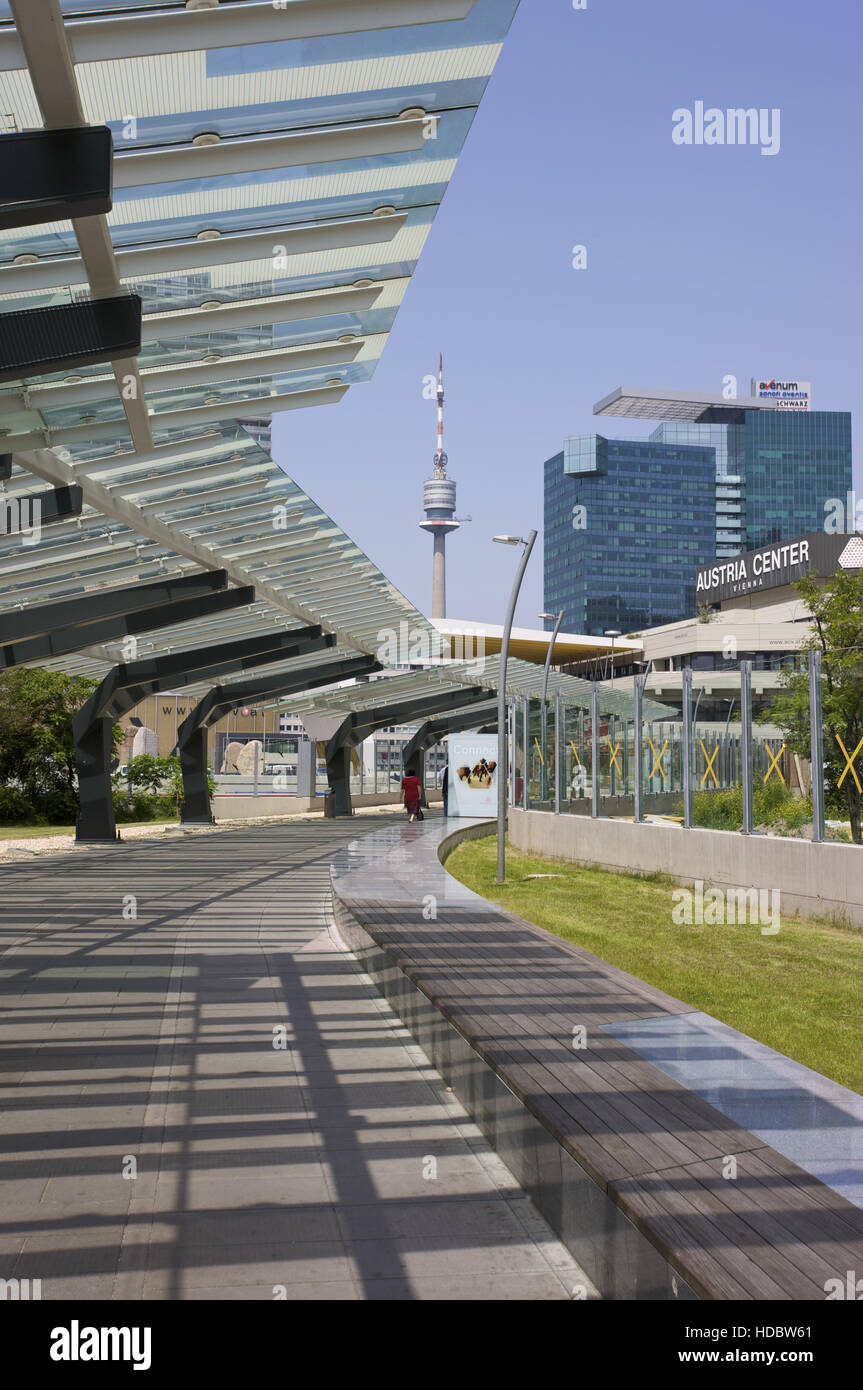Saturn Tower behind a sheltered walkway of the UN complex, Donaucity ...