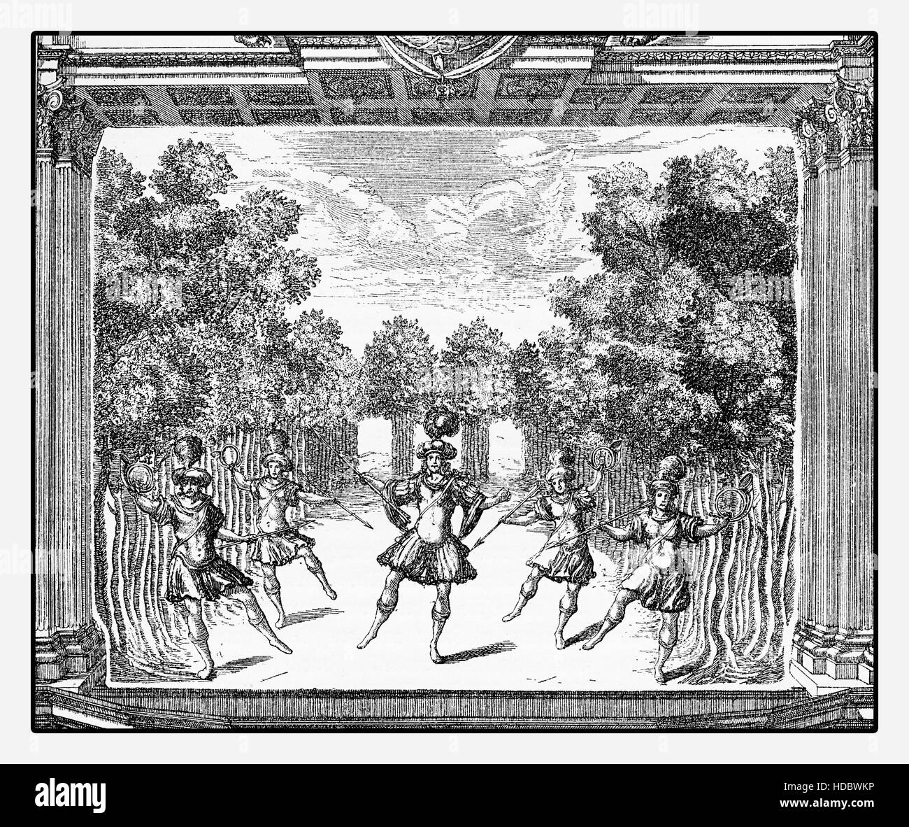 Renaissance ballet performance at stage in Heidelberg castle, year 1684 ...