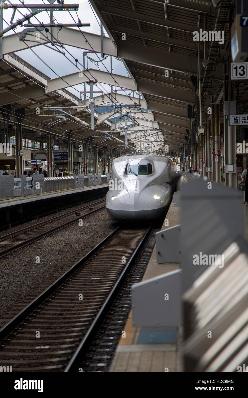 Shinkansen N700 speed train at Kyoto station in Japan. N700 series trains have a maximum speed ...