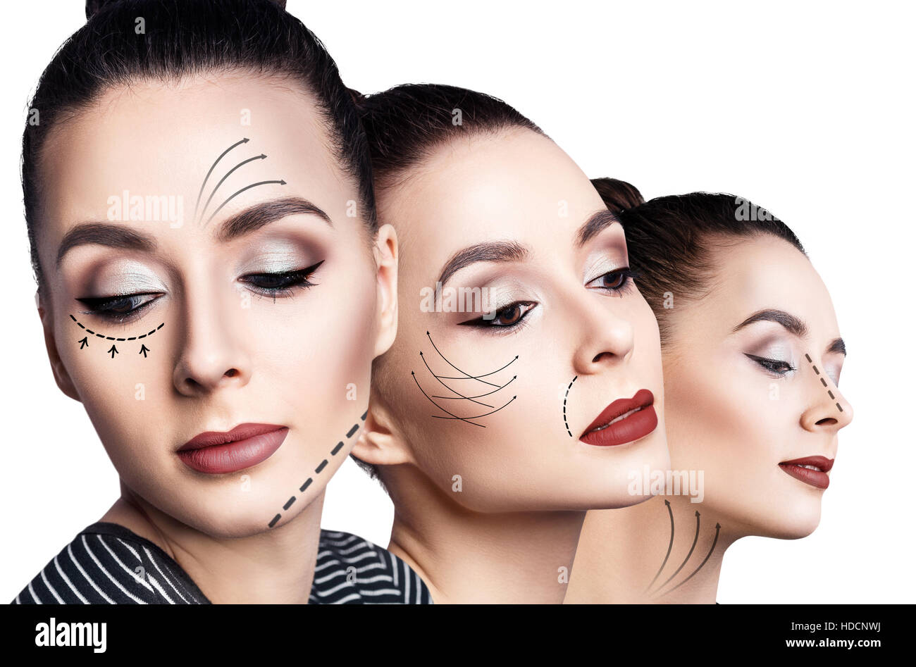 Three faces of young woman with lifting arrows Stock Photo - Alamy