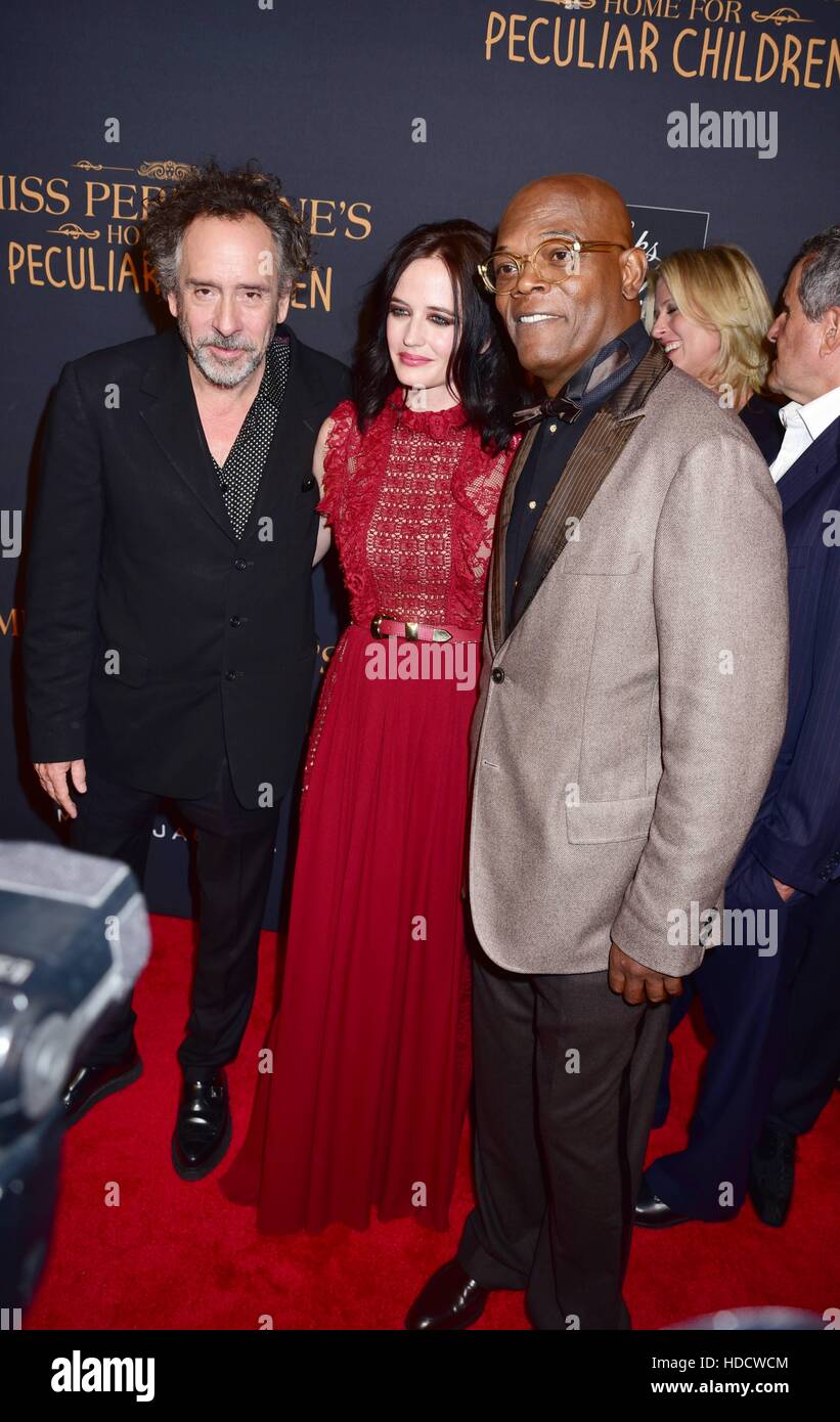 Tim Burton (left), Eva Green (centre) and Samuel L. Jackson attending ...