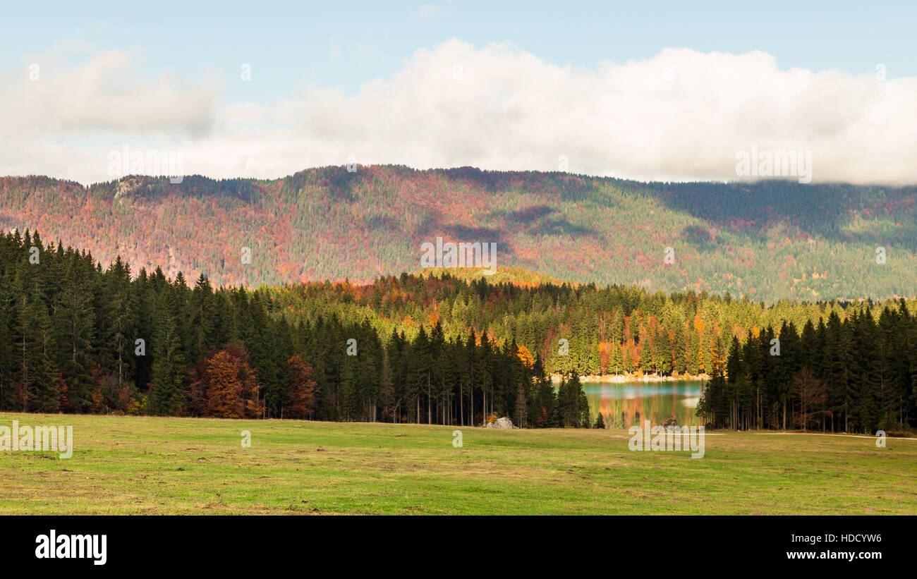 Fall in the italian alps in a misty day Stock Photo - Alamy