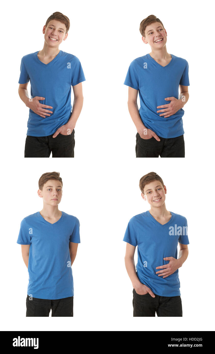Cute teenager boy in blue T-shirt over white isolated background, half ...