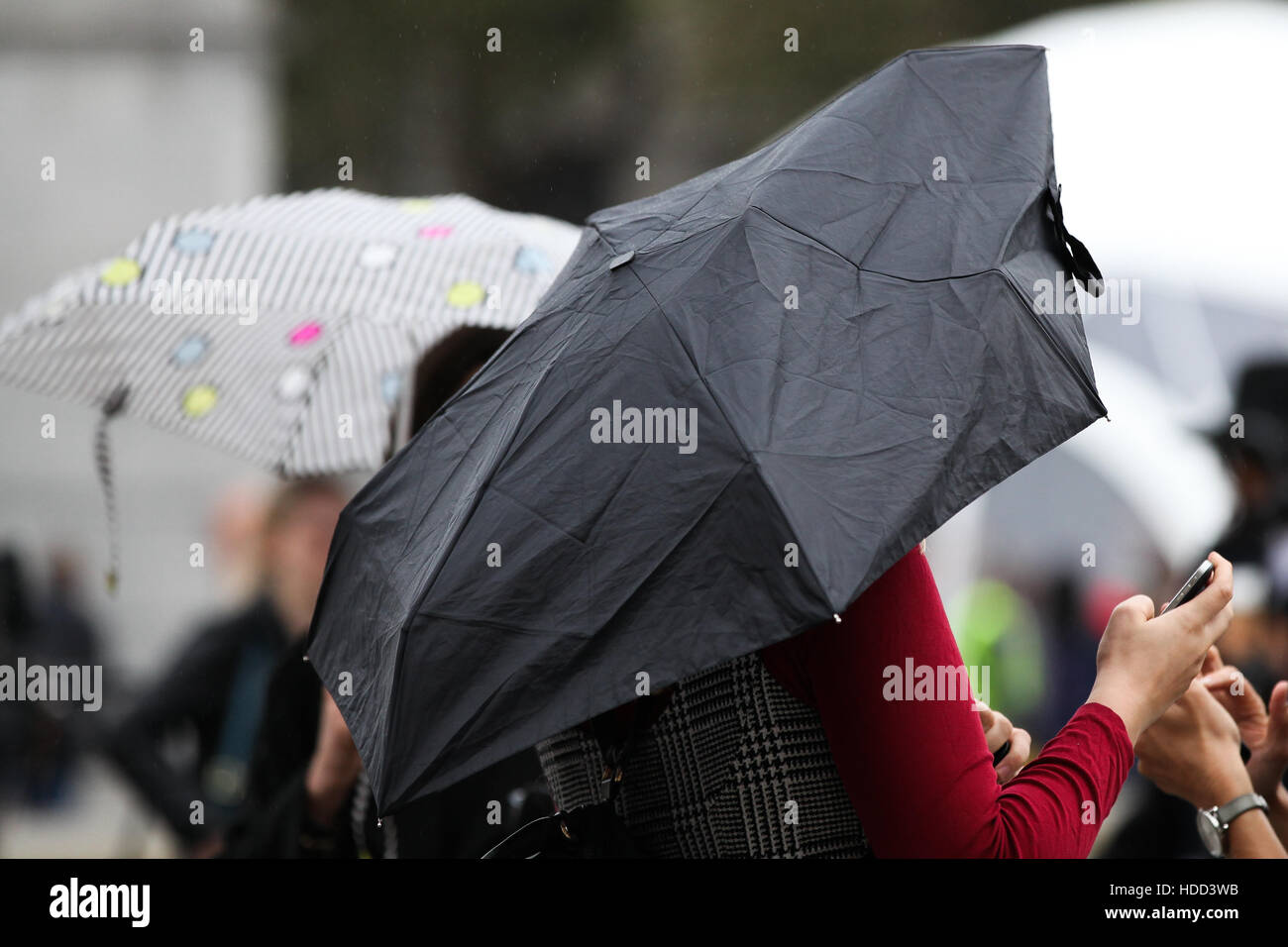 People in heavy rain and windy conditions in Trafalgar Square, London ...